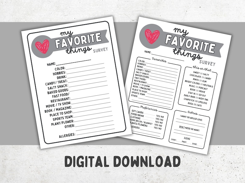 Favorite Things Survey: Employee, Family, or Friends Questionnaire ...