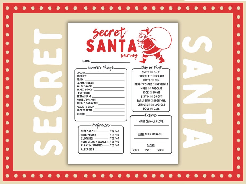 Secret Santa Survey Secret Santa Questionnaire Secret Gift Exchange ...