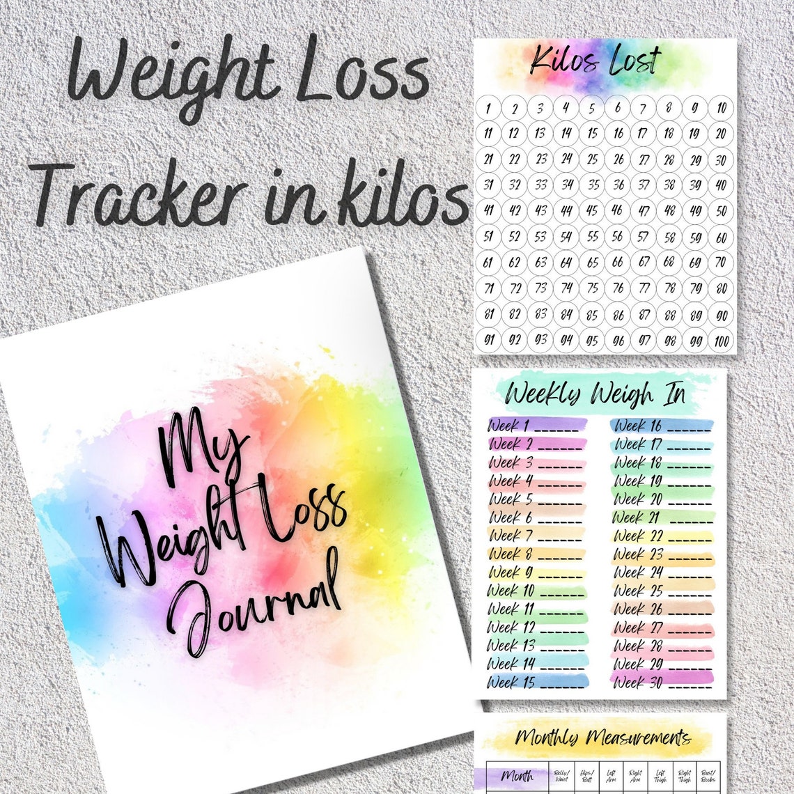 Weight Loss Tracker IN KILOS | Rainbow Watercolor Weightloss Journal - Etsy