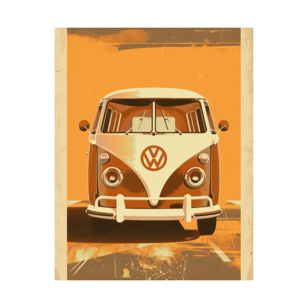 Retro 1960s VW Bus Poster Art Print ORANGE Vintage Volkswagen Van Wall ...