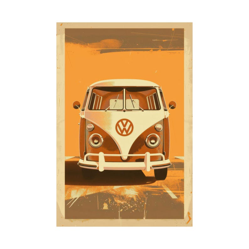 Retro 1960s VW Bus Poster Art Print ORANGE Vintage Volkswagen Van Wall ...