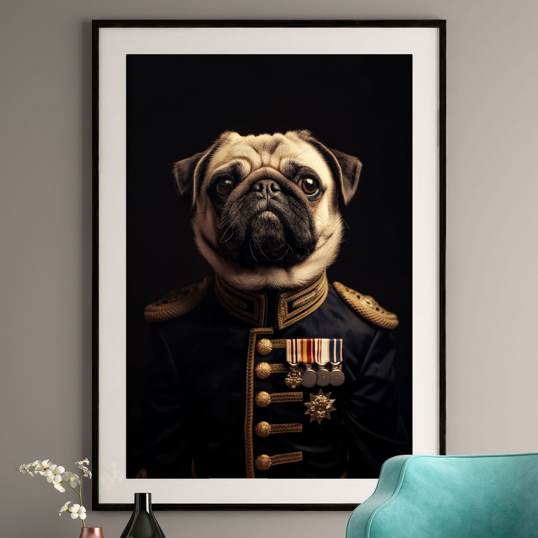 Pug in Military Uniform Art Print - Dog Wall Decor - Funny Animal Art ...