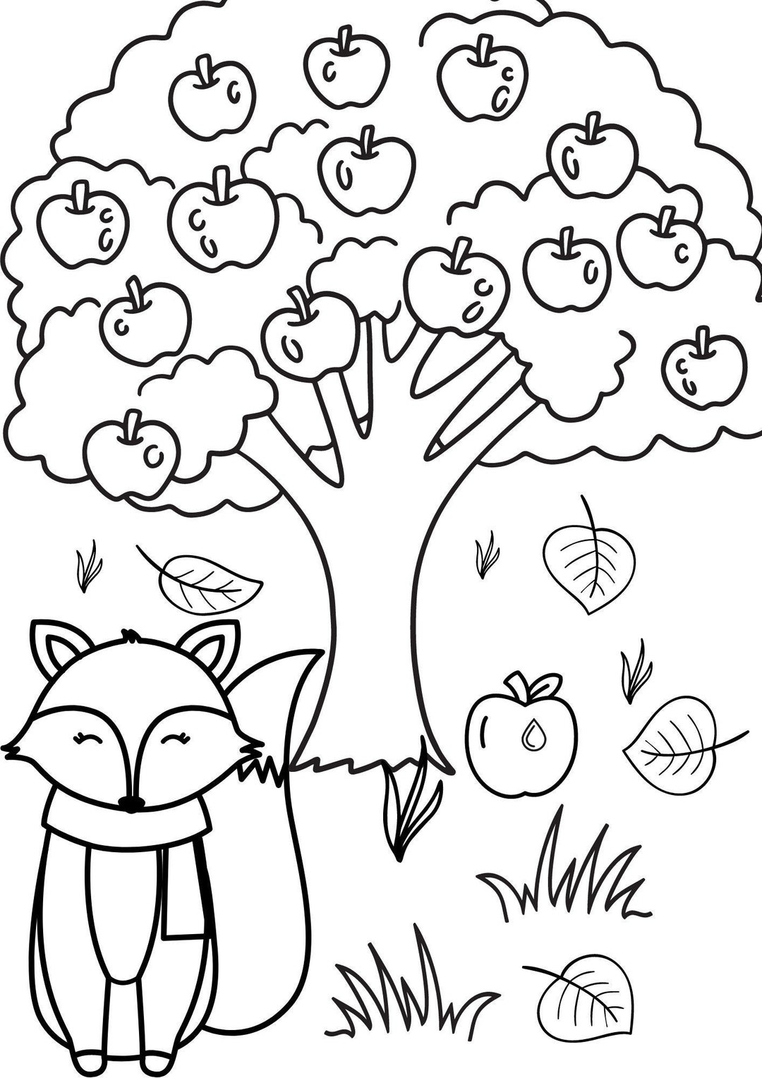 Happy Fox and Apple Tree - Etsy