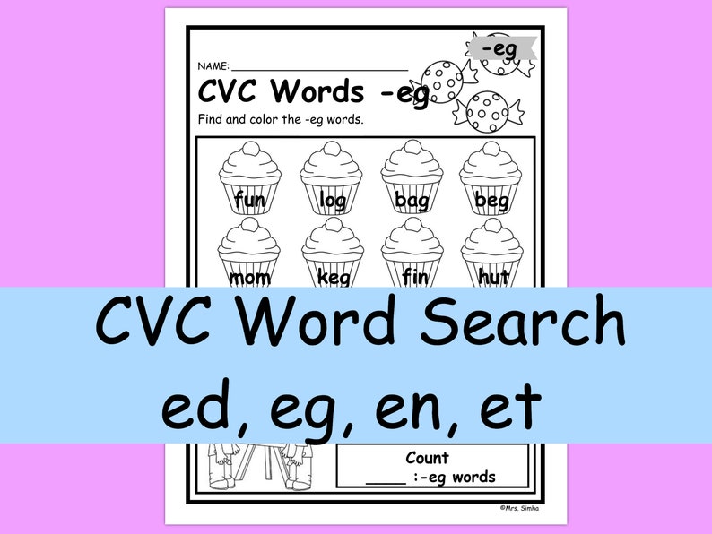 Phonics CVC Worksheets, CVC Word Search 'e' for Kindergarten and First ...