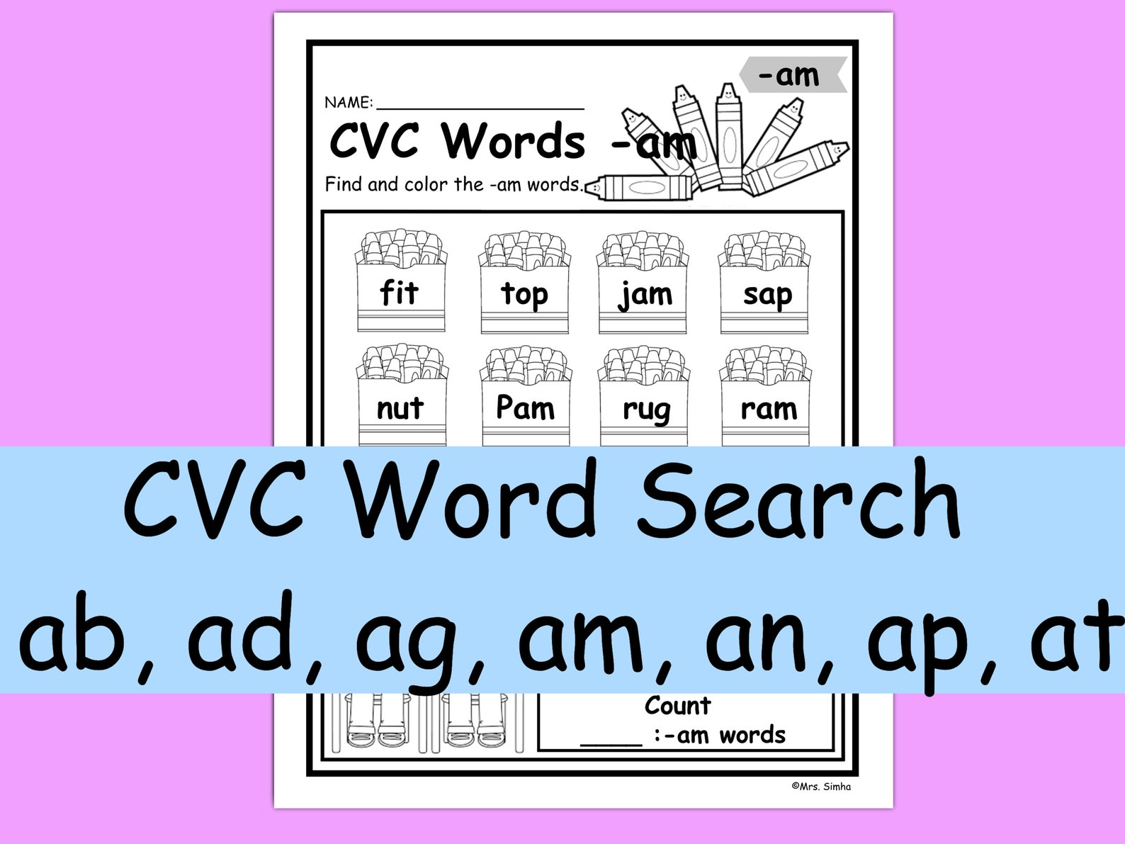 Phonics CVC Worksheets, CVC Word Search 'a' for Kindergarten and First ...