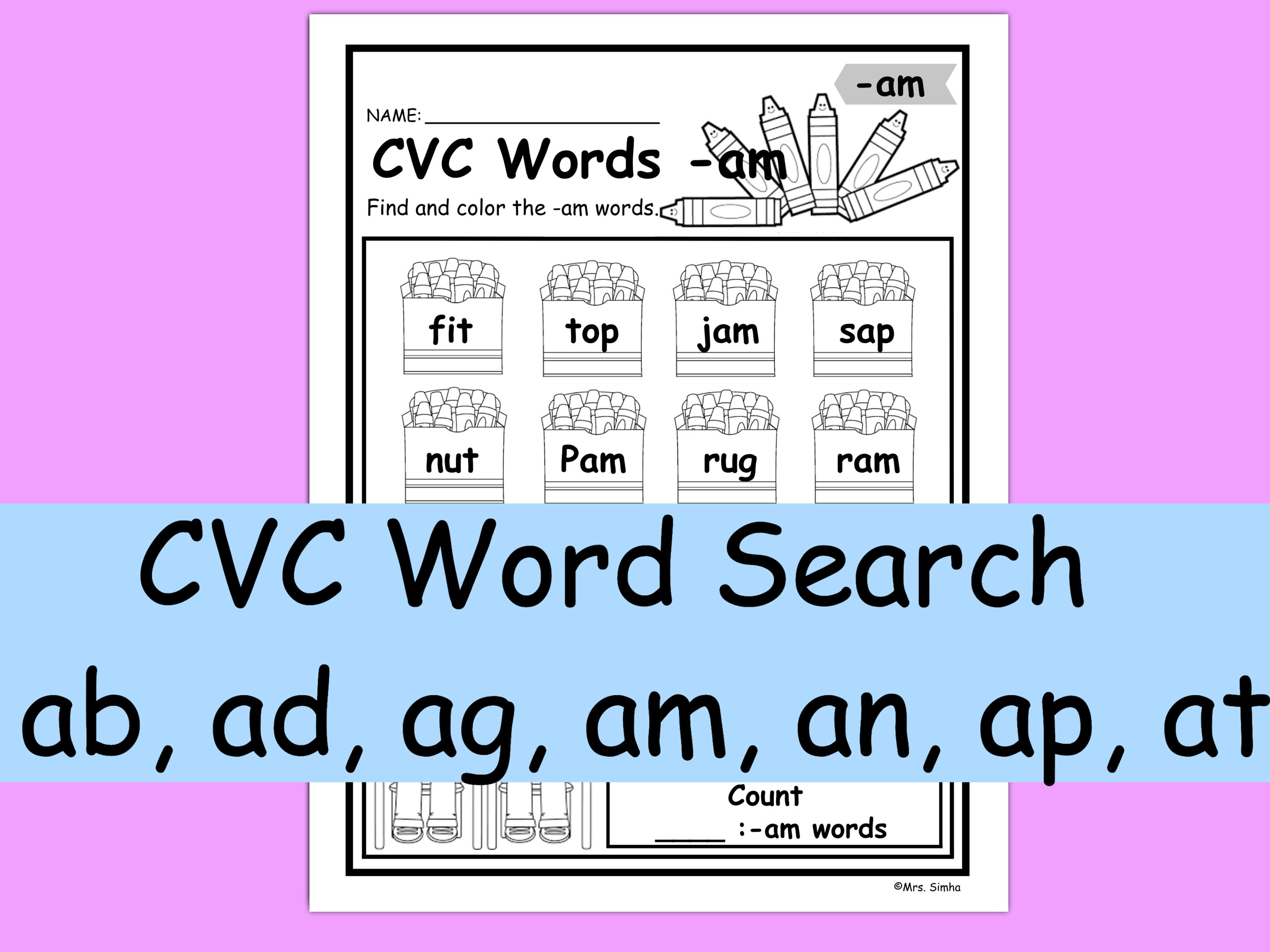 Phonics CVC Worksheets, CVC Word Search 'a' for Kindergarten and First ...