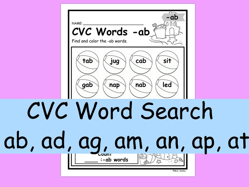 Phonics CVC Worksheets, CVC Word Search 'a' for Kindergarten and First ...
