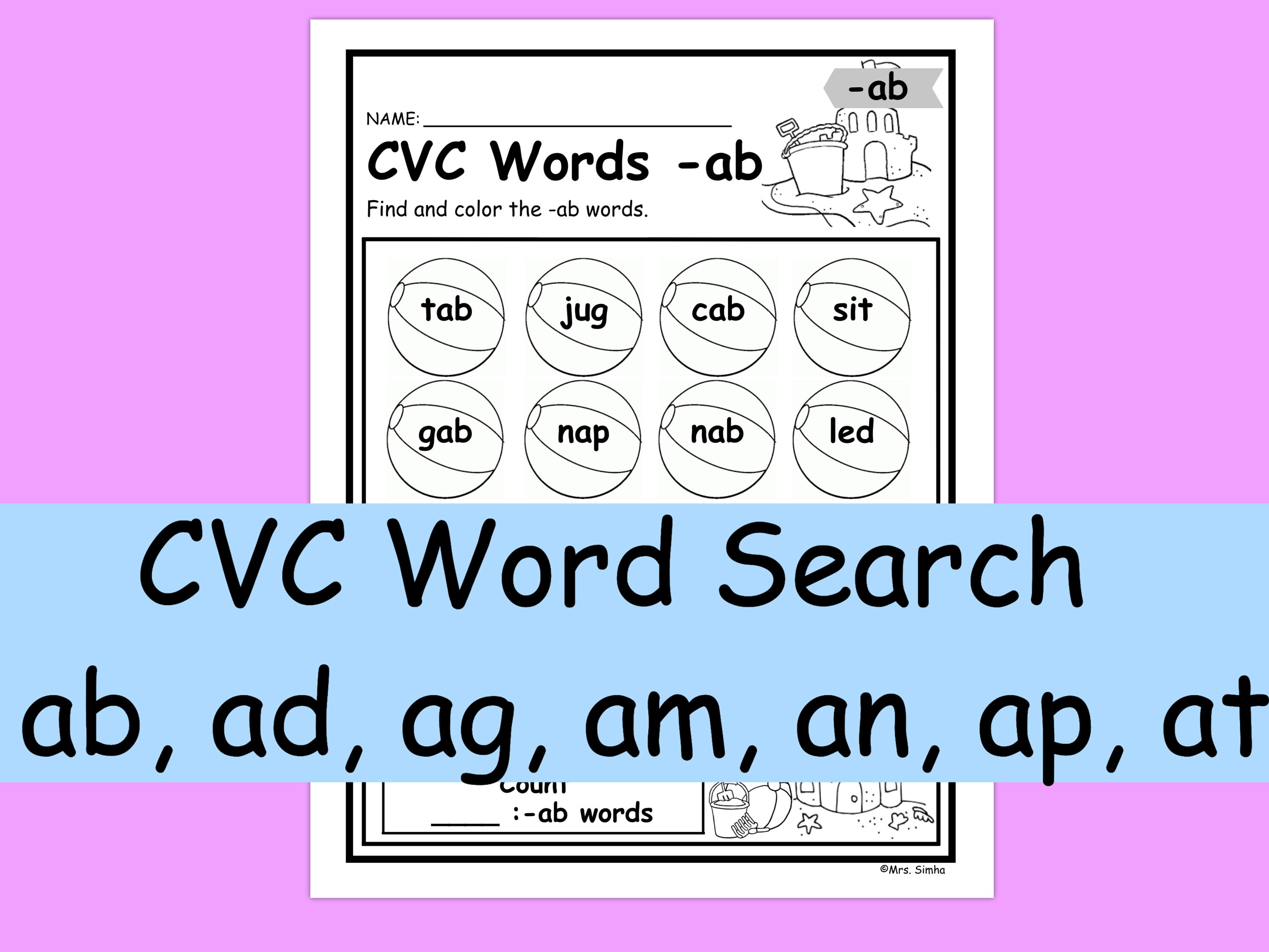 Phonics CVC Worksheets, CVC Word Search 'a' for Kindergarten and First ...