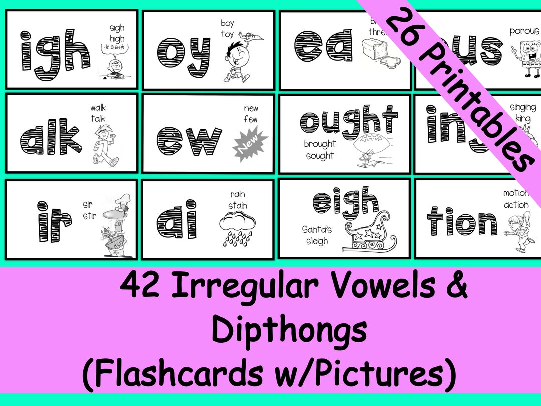 42 Irregular Vowels and Dipthongs' Flash Cards With Pictures: in 26 ...