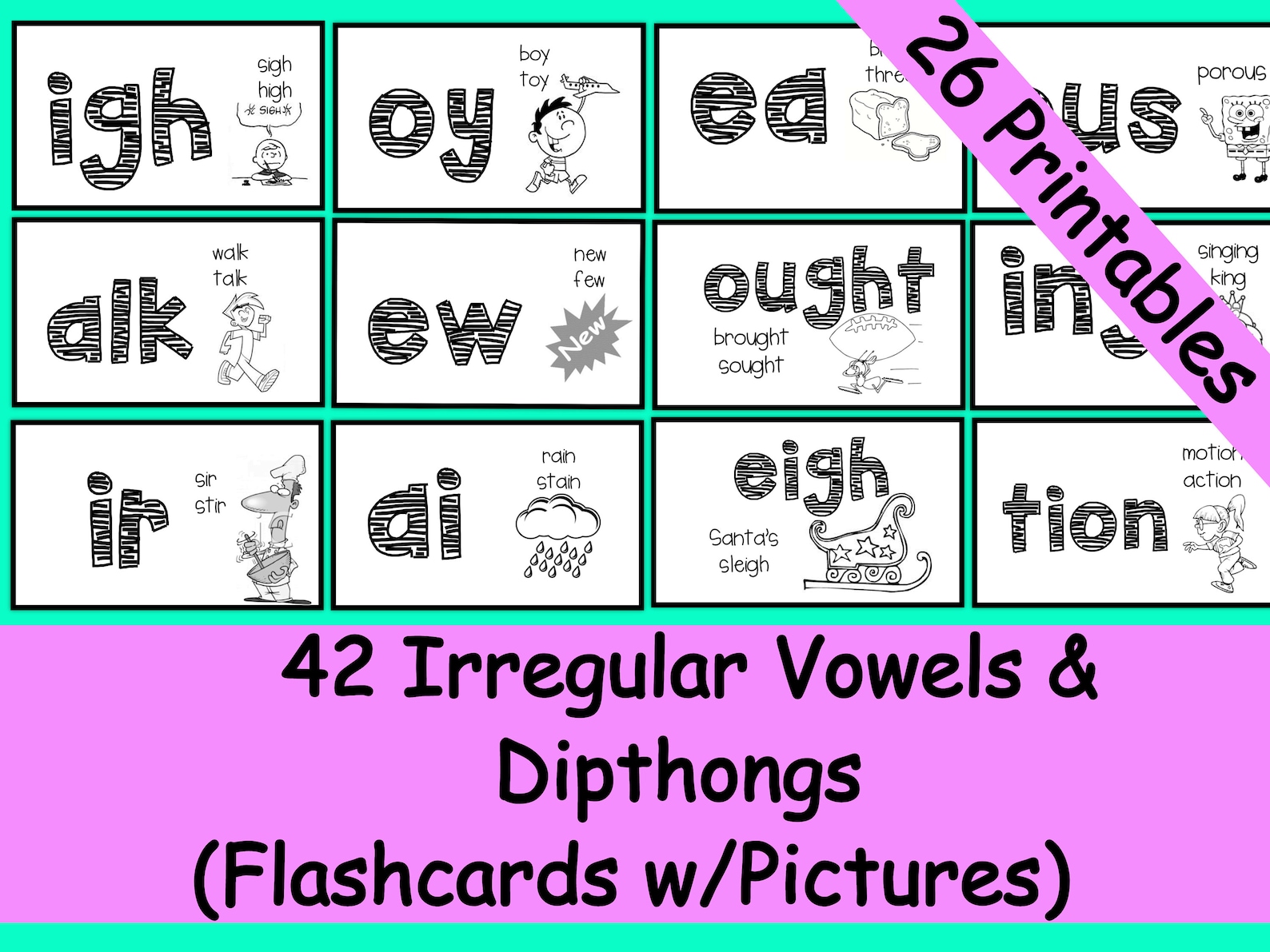 42 Irregular Vowels and Dipthongs' Flash Cards With Pictures: in 26 ...