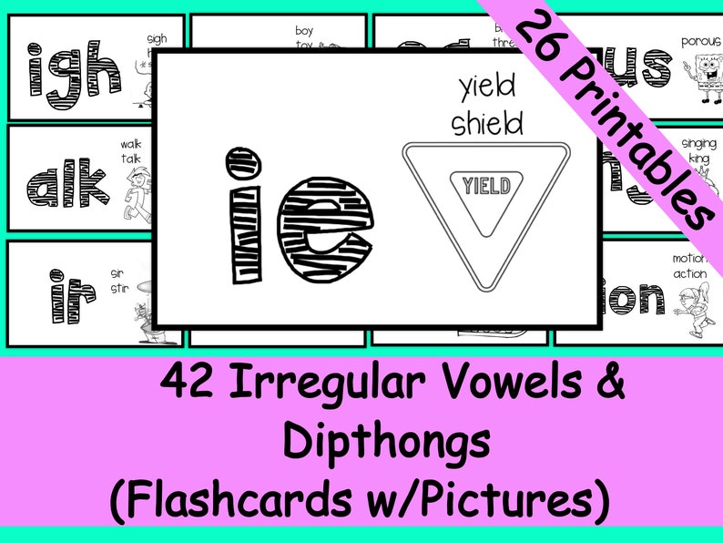 42 Irregular Vowels and Dipthongs' Flash Cards With Pictures: in 26 ...