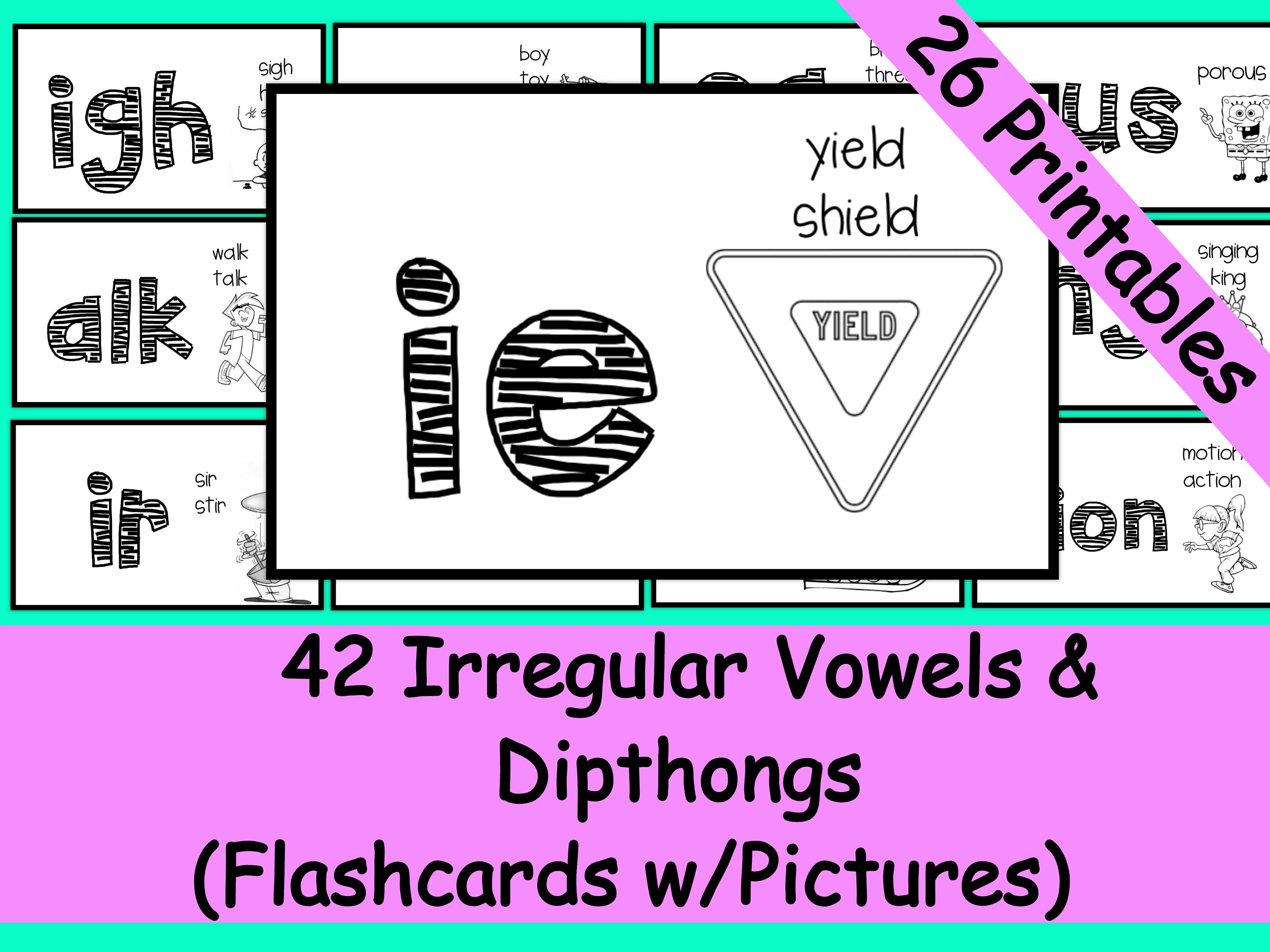 42 Irregular Vowels and Dipthongs' Flash Cards With Pictures: in 26 ...