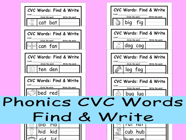 Phonics CVC Worksheets - Find and Write the Words for Kidergarten/1st ...