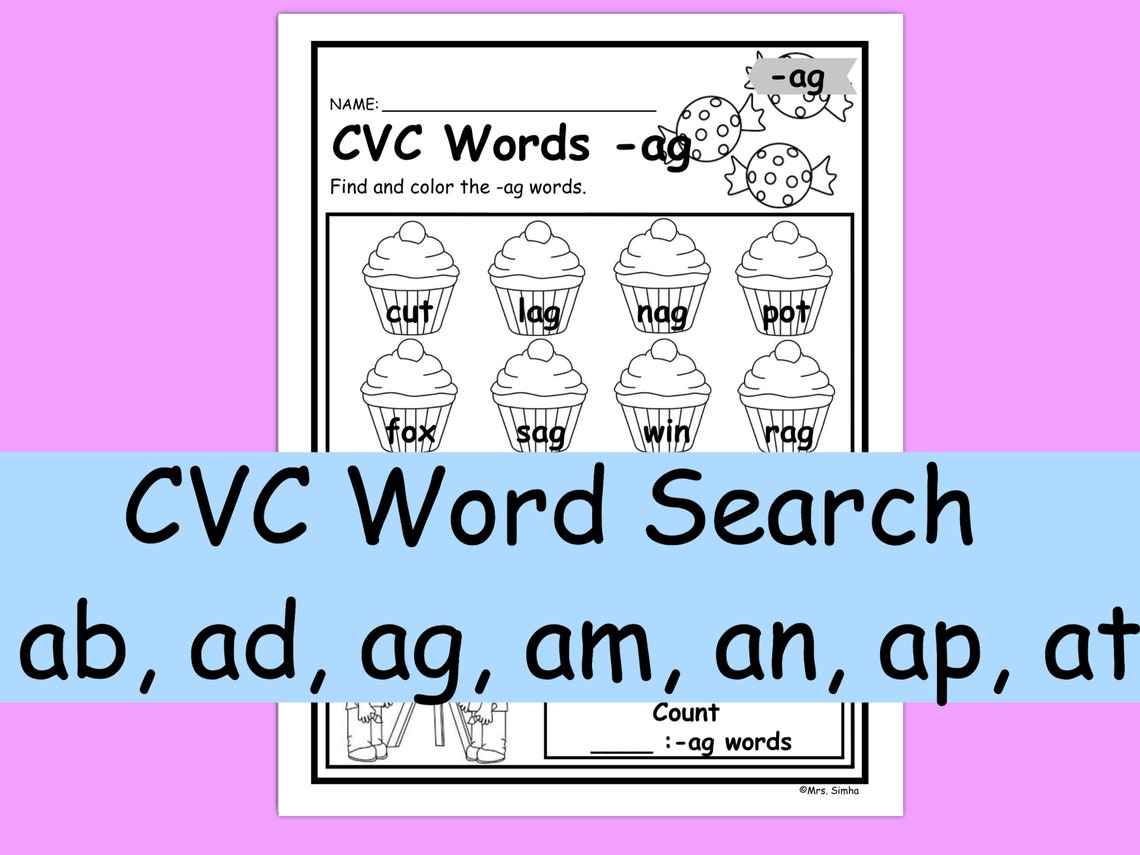 Phonics CVC Worksheets, CVC Word Search 'a' for Kindergarten and First ...
