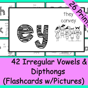 42 Irregular Vowels and Dipthongs' Flash Cards With Pictures: in 26 ...