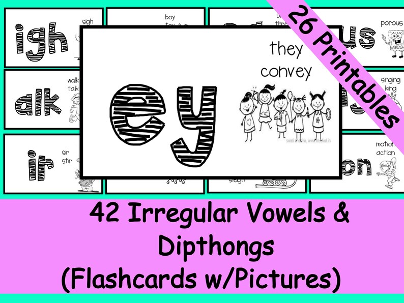 42 Irregular Vowels and Dipthongs' Flash Cards With Pictures: in 26 ...