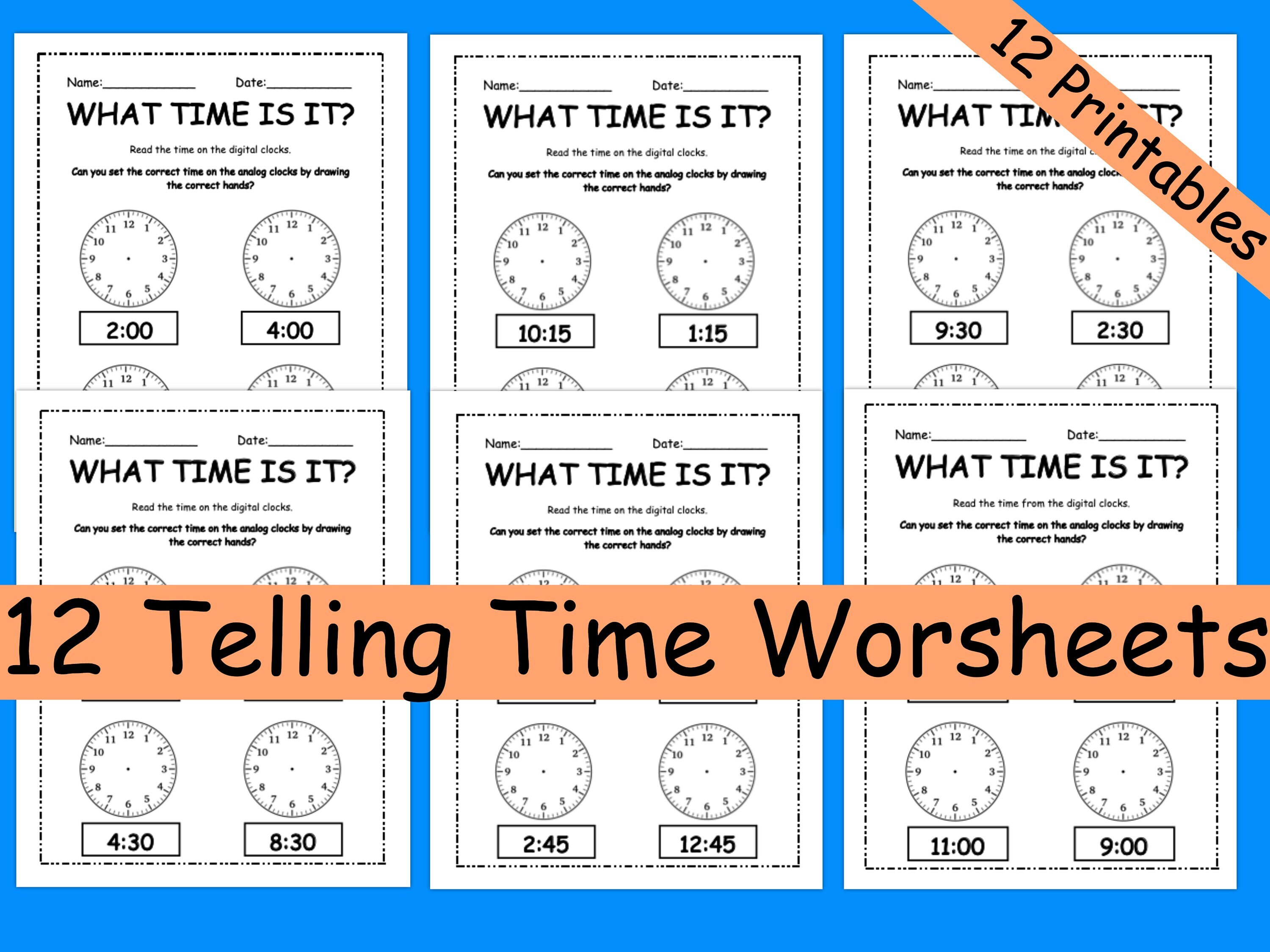 12 Telling Time Worksheets for Kindergarten, 1st Grade, 2nd Grade - Etsy