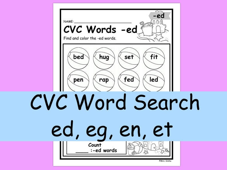 Phonics CVC Worksheets, CVC Word Search 'e' for Kindergarten and First ...