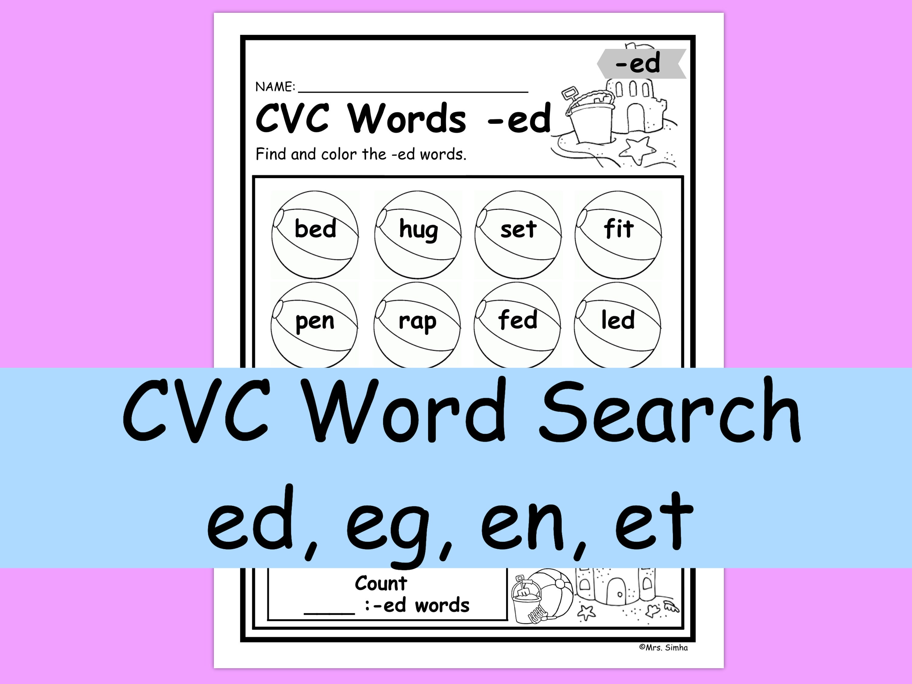 Phonics CVC Worksheets, CVC Word Search 'e' for Kindergarten and First ...