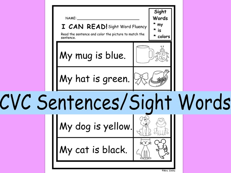 Phonics CVC Worksheets - #1 Sentences/sight Words Practice!! (#2 Packet ...