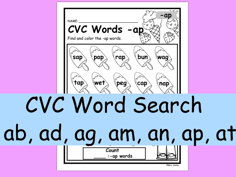 Phonics CVC Worksheets, CVC Word Search 'a' for Kindergarten and First ...