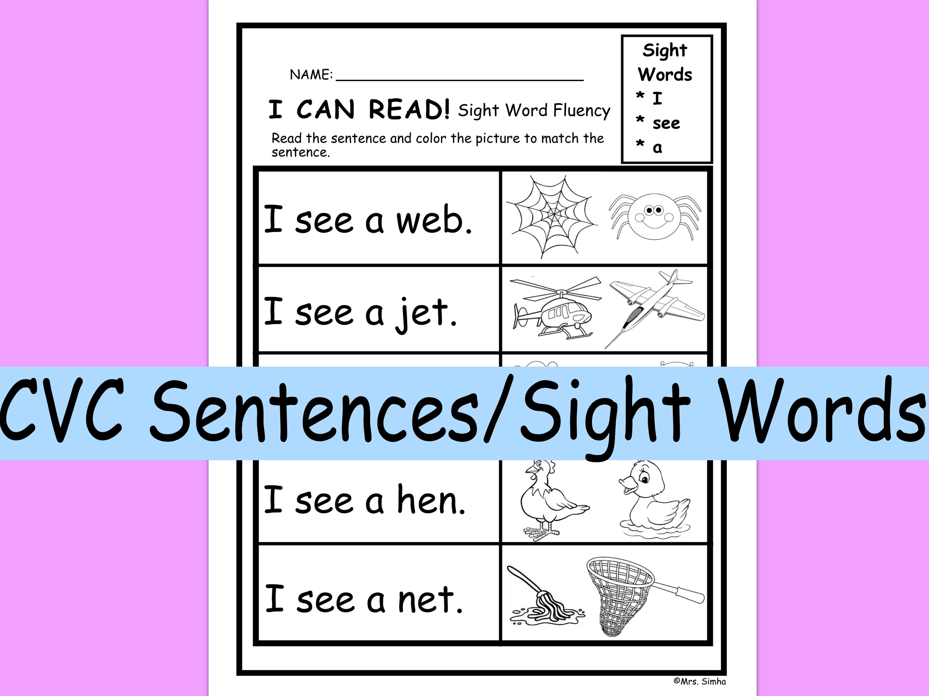 Phonics CVC Worksheets - #1 Sentences/sight Words Practice!! (#2 Packet ...