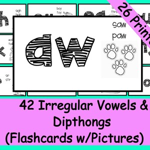 42 Irregular Vowels and Dipthongs' Flash Cards With Pictures: in 26 ...