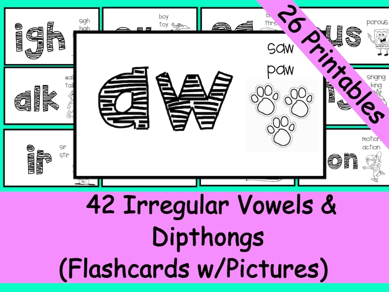 42 Irregular Vowels and Dipthongs' Flash Cards With Pictures: in 26 ...