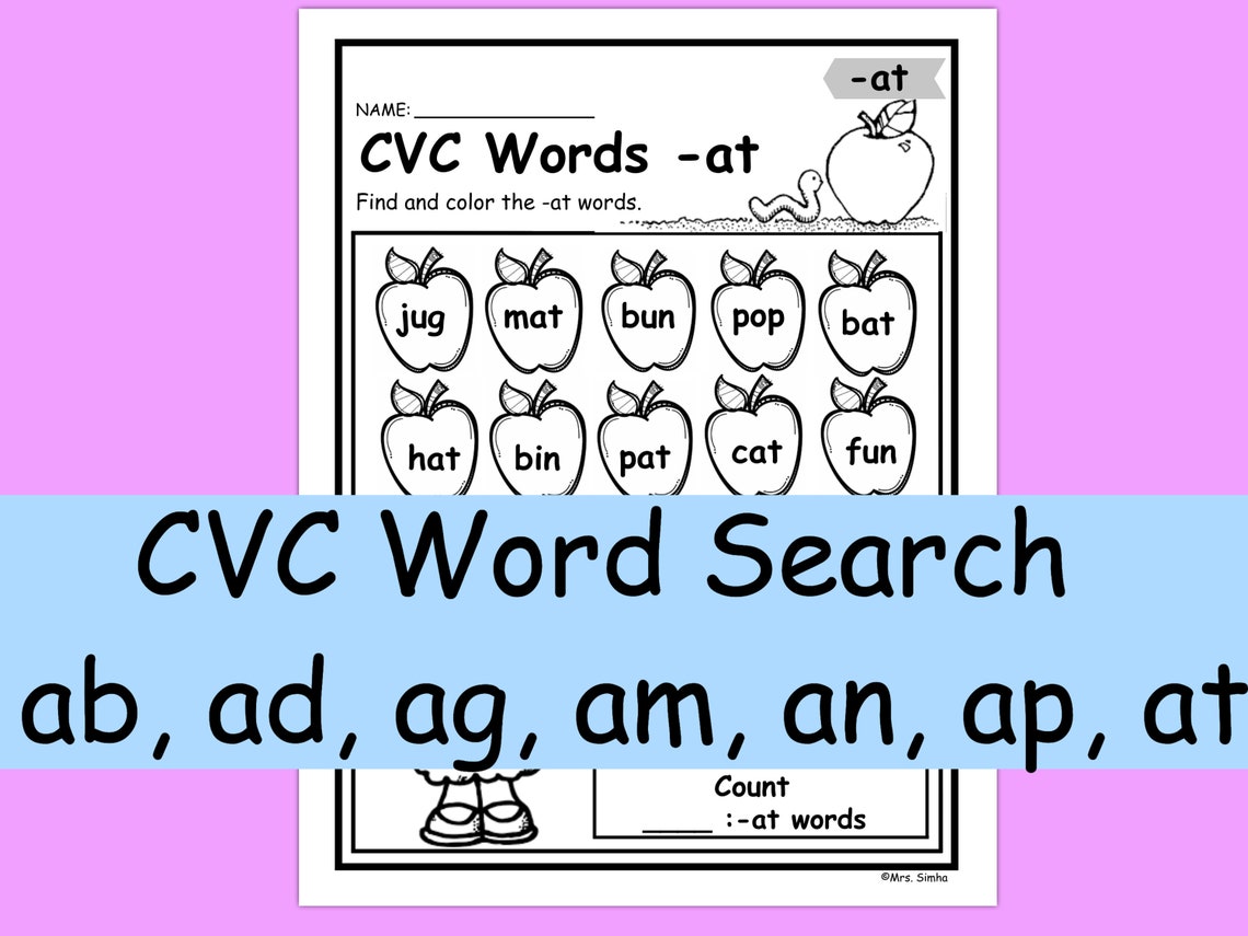 Phonics CVC Worksheets, CVC Word Search 'a' for Kindergarten and First ...