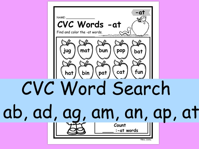 Phonics CVC Worksheets, CVC Word Search 'a' for Kindergarten and First ...