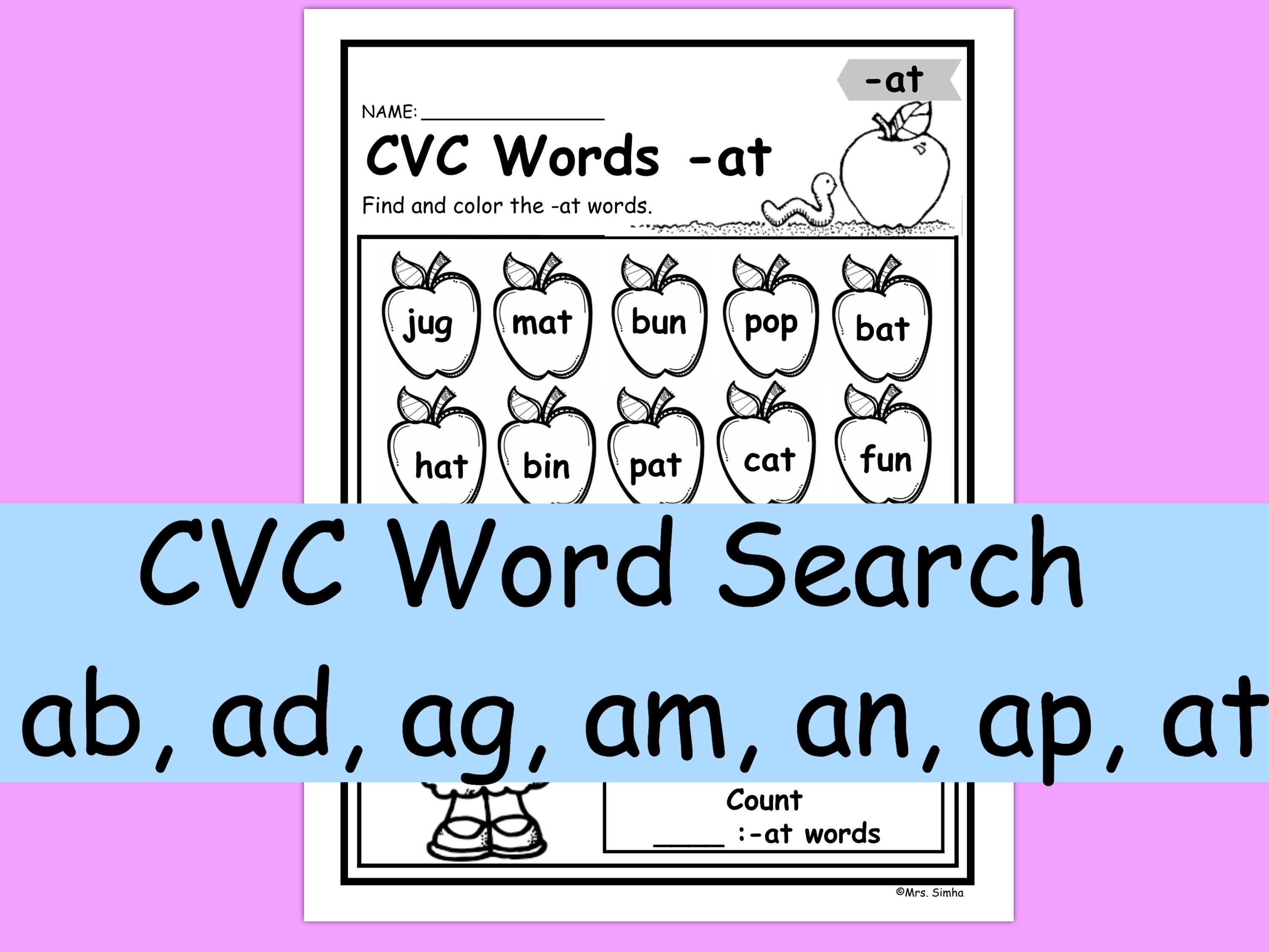 Phonics CVC Worksheets, CVC Word Search 'a' for Kindergarten and First ...