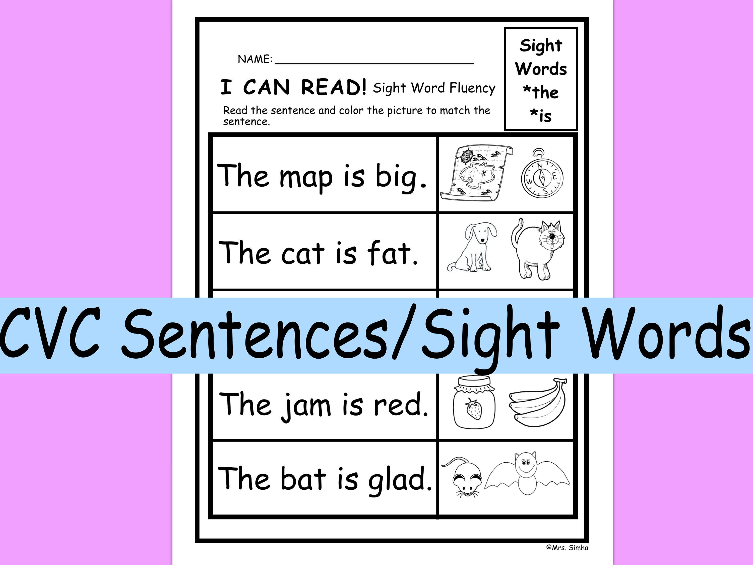 Phonics CVC Worksheets - #1 Sentences/sight Words Practice!! (#2 Packet ...