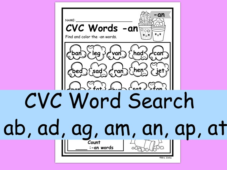 Phonics CVC Worksheets, CVC Word Search 'a' for Kindergarten and First ...