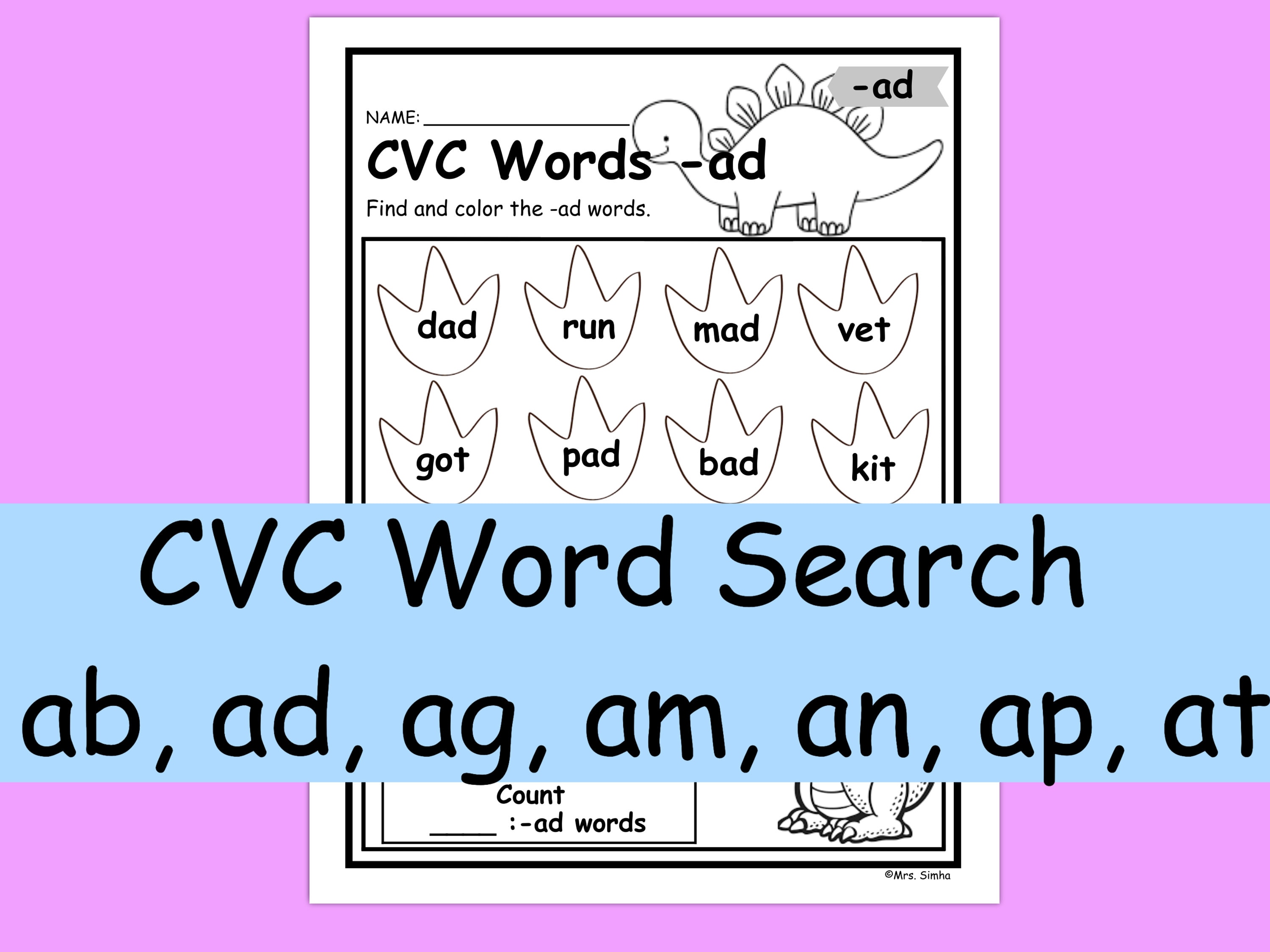 Phonics CVC Worksheets, CVC Word Search 'a' for Kindergarten and First ...