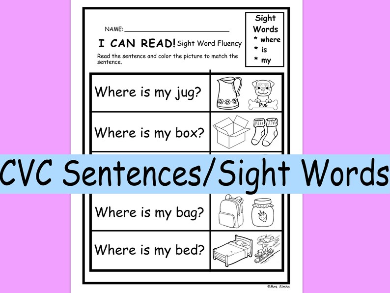 Phonics CVC Worksheets - #1 Sentences/sight Words Practice!! (#2 Packet ...