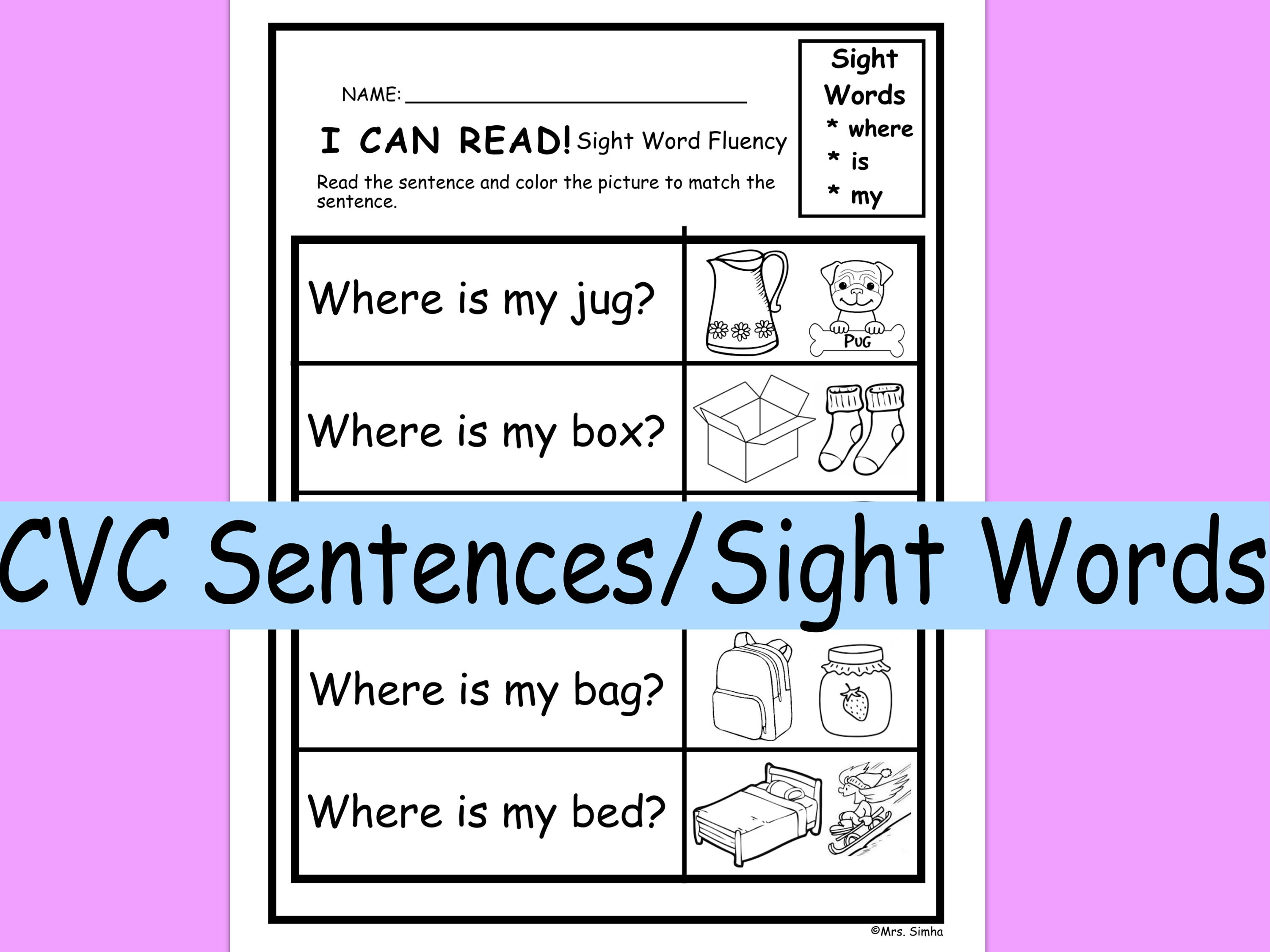 Phonics CVC Worksheets - #1 Sentences/sight Words Practice!! (#2 Packet ...