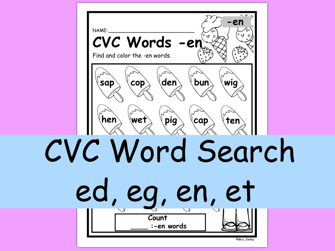 Phonics CVC Worksheets, CVC Word Search 'e' for Kindergarten and First ...