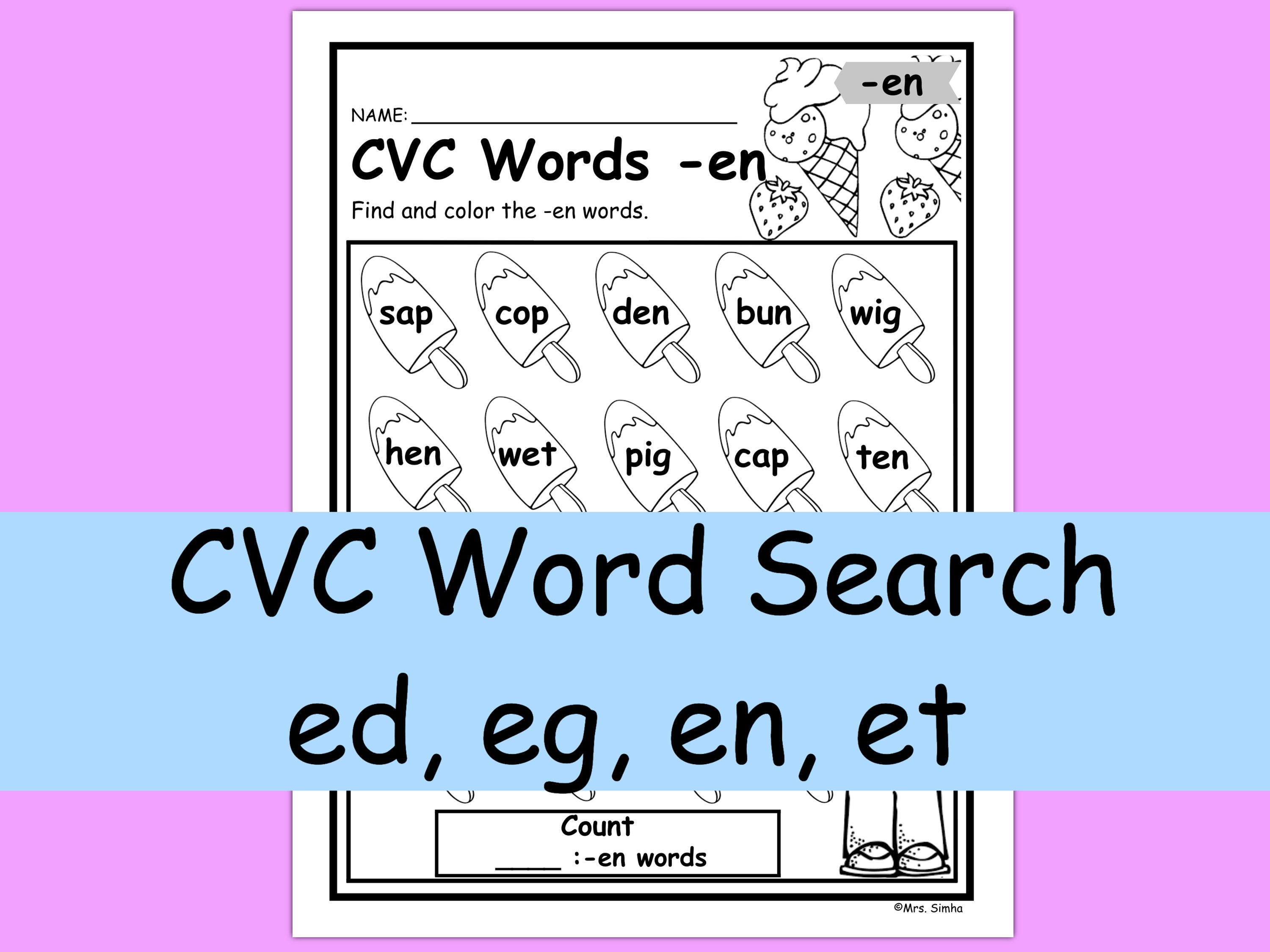 Phonics CVC Worksheets, CVC Word Search 'e' for Kindergarten and First ...