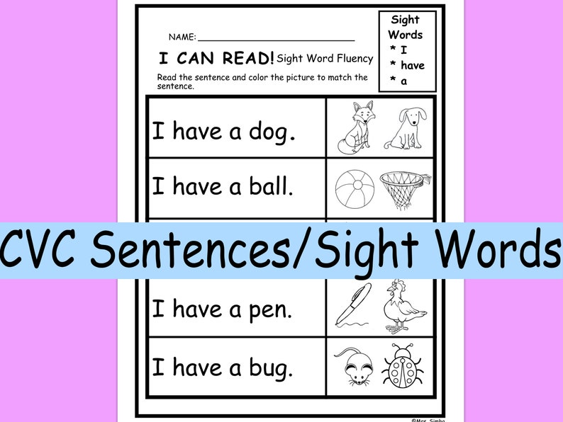 Phonics CVC Worksheets - #1 Sentences/sight Words Practice!! (#2 Packet ...
