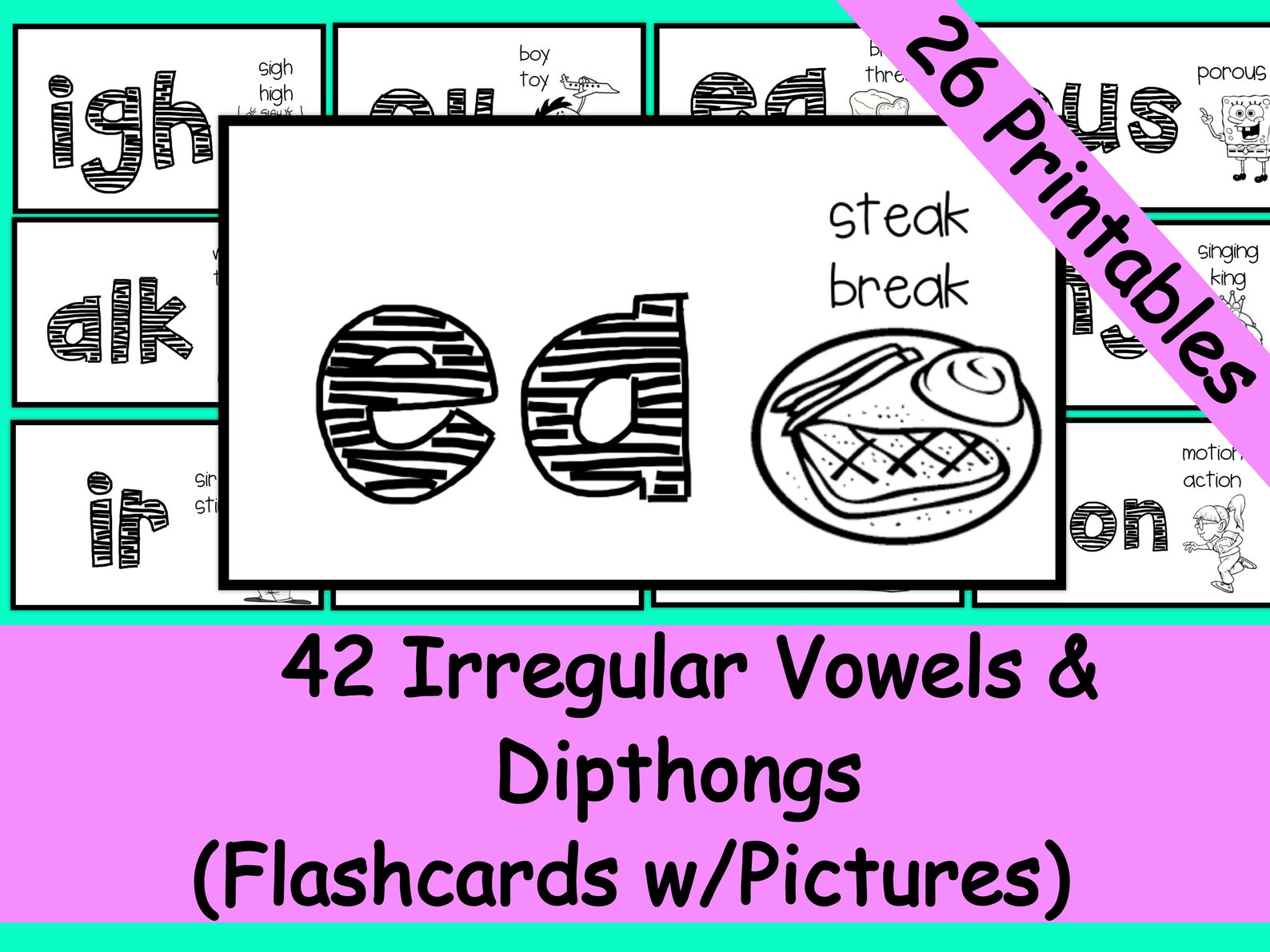 42 Irregular Vowels and Dipthongs' Flash Cards With Pictures: in 26 ...