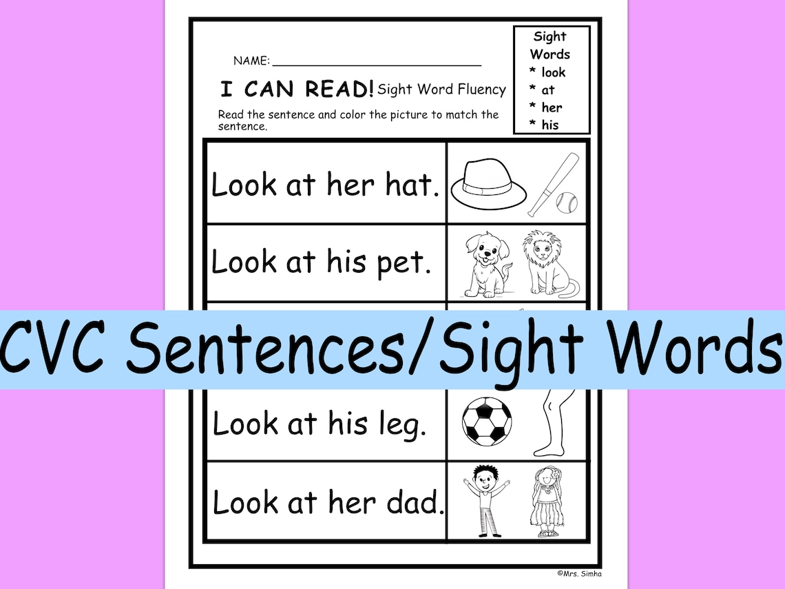 Phonics CVC Worksheets Sentences/sight Words Practice - Etsy