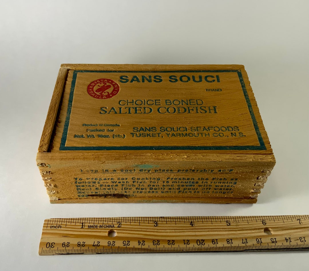 Vintage Rustic Sans Souci Salted Codfish Dovetailed Wood Advertising ...