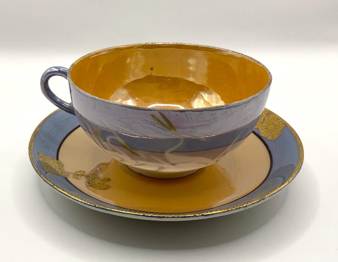 Orange and Blue Lusterware, Designed With Egret Birds and Gold Trim ...