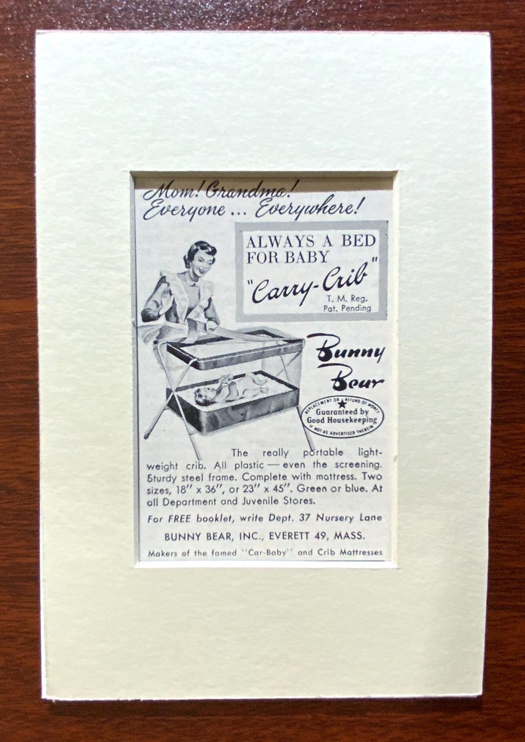 Original 1950s Carry Crib Portable Crib, Bunny Bear Inc 4” X 6” Vintage ...