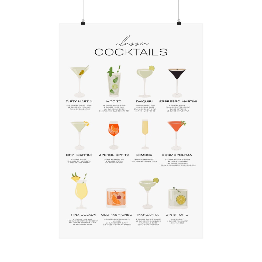 Classic Cocktails Recipe Chart Minimalist Wall Art Print Premium Poster ...