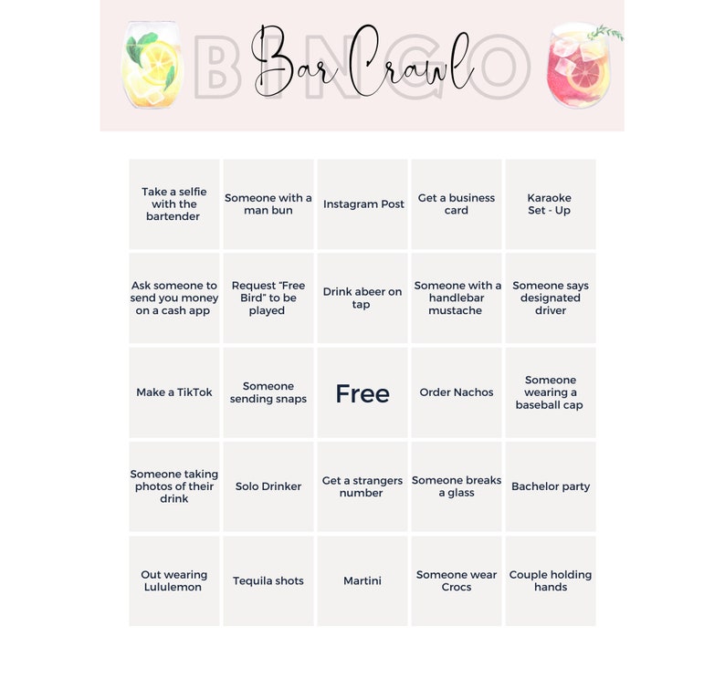 Bar Crawl Bingo, Bachelorette Party Game, Girls Night Out, Bingo, Pub ...
