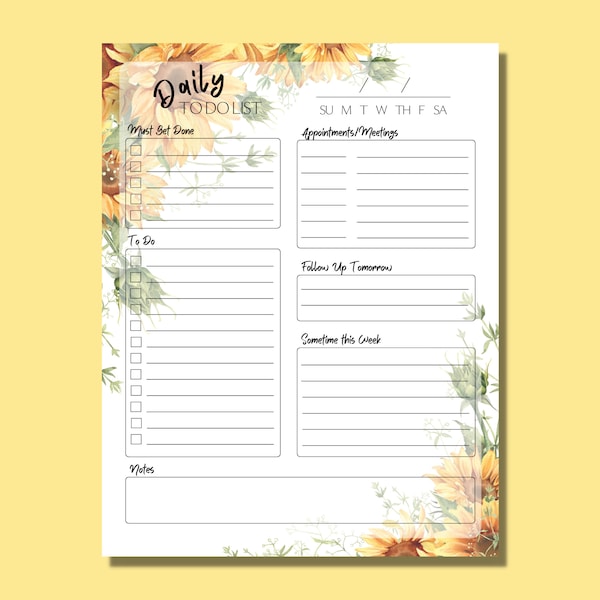 Sunflower to Do List Printable - Etsy