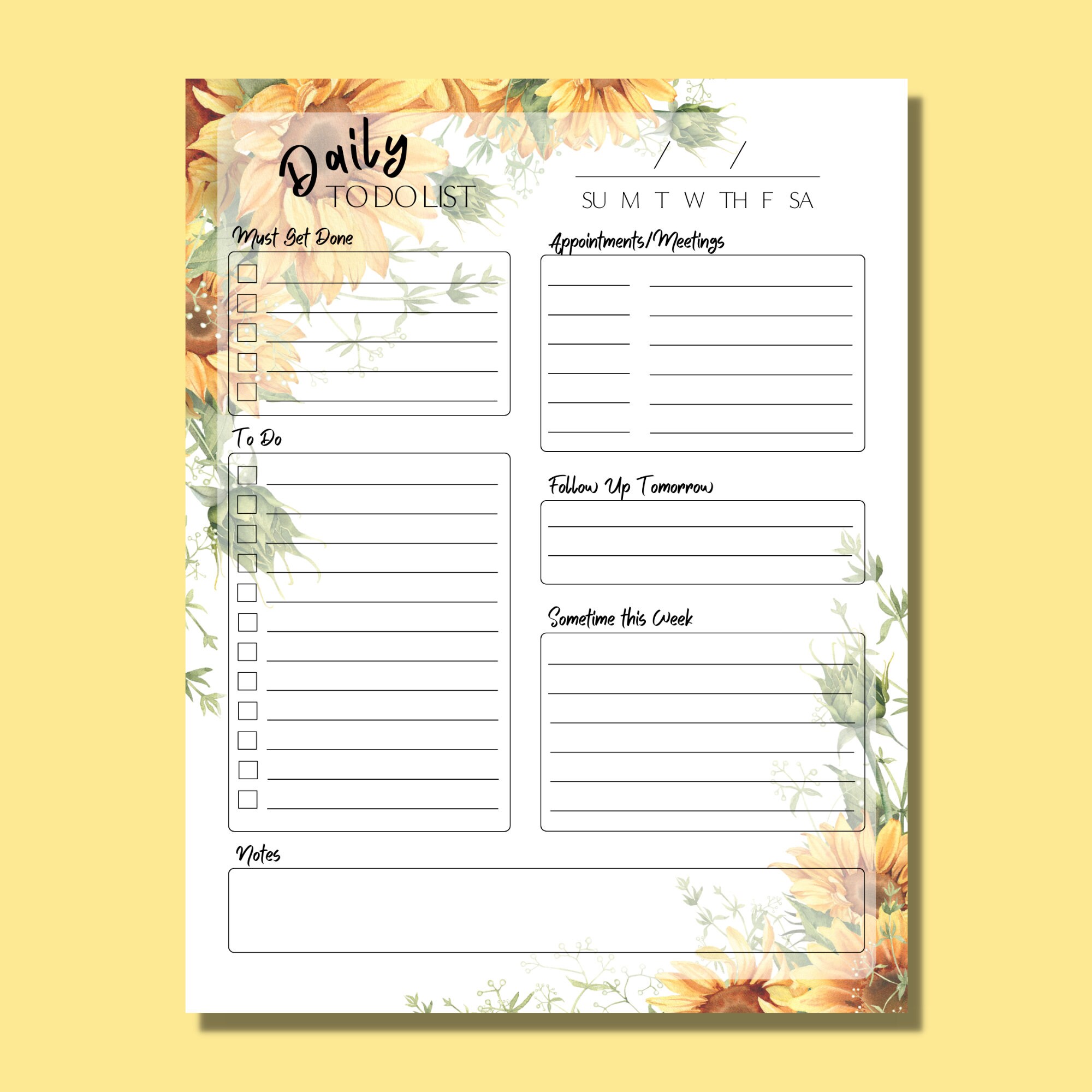 Printable/digital Planner Sunflowers Daily to Do List US Letter ...