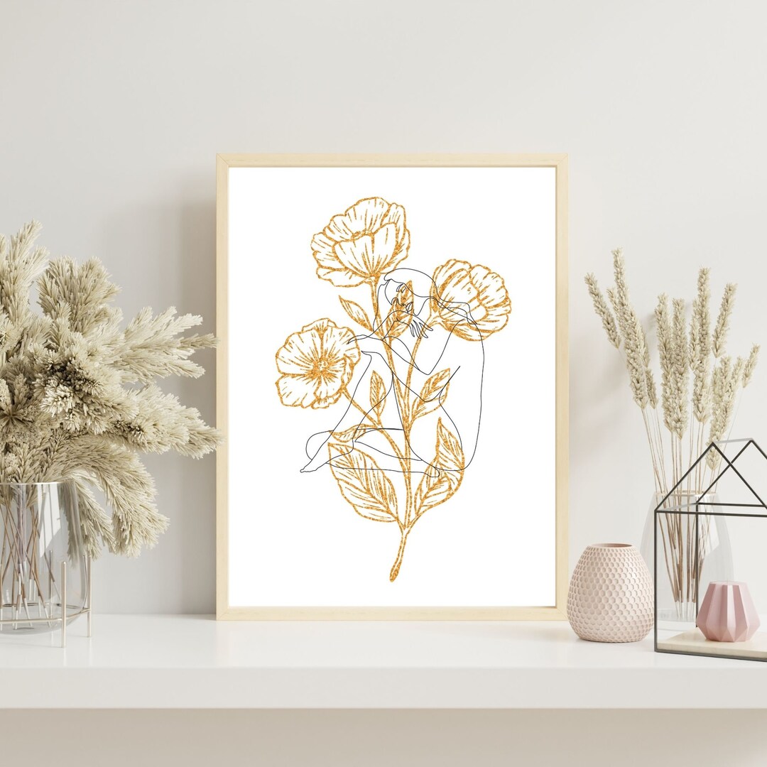 Feminine Line Art Intertwined With Gold Flower Illustration, Woman ...