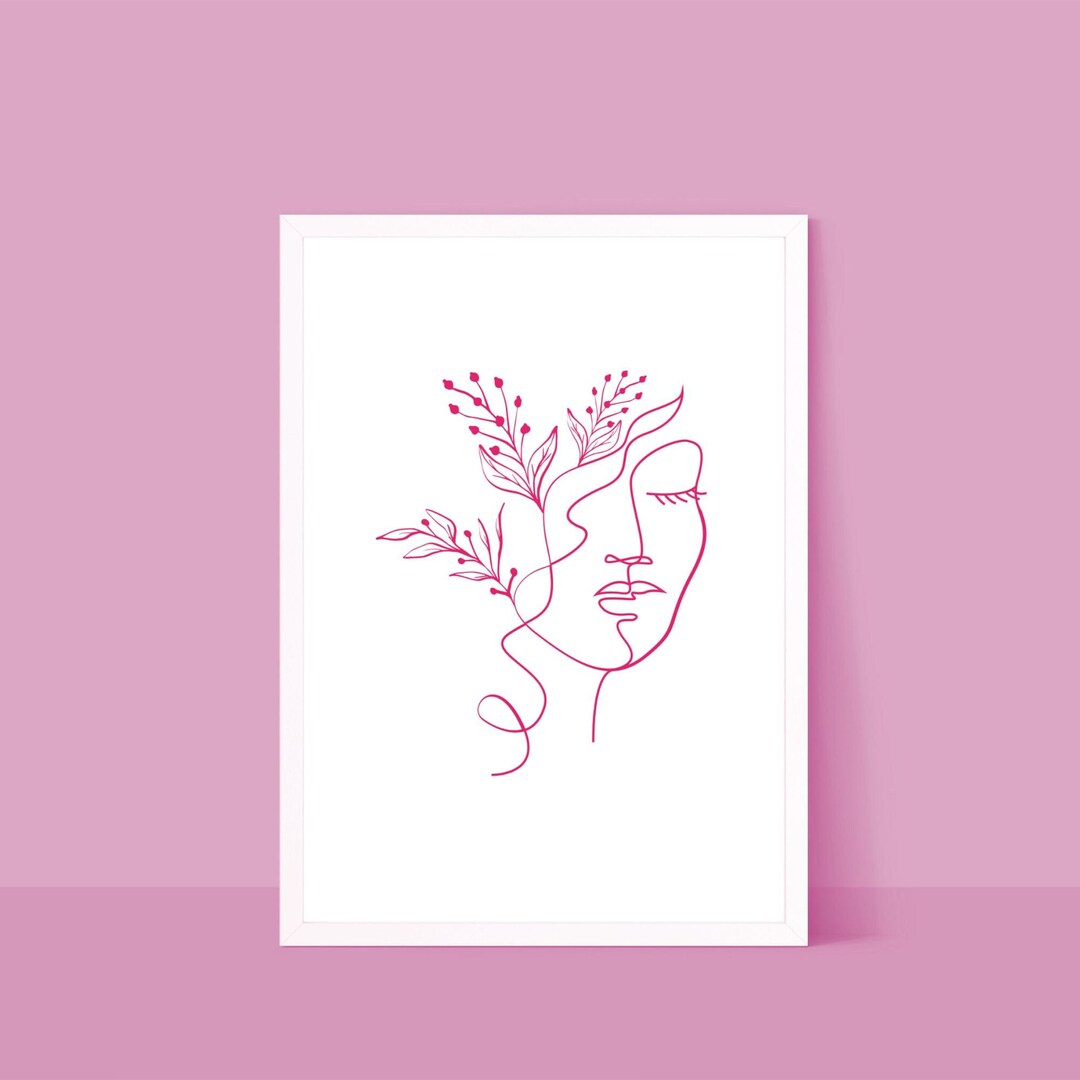 Elegant Female Face Line Art Drawing With Budding Flowers, Minimalist ...